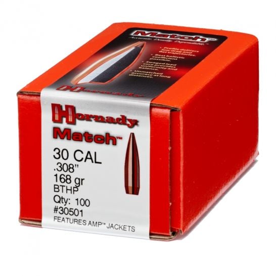 Hornady 30 Cal (.308) 168 gr Match BTHP Bullets, 100 Count - 30501 ...