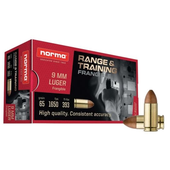 Norma 9mm 65 gr Frangible 50rds Handgun Ammo for Safe and Effective ...