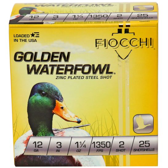 Fiocchi Golden Waterfowl 12 Gauge Ammunition, 25 Rounds Steel Shot #2 ...