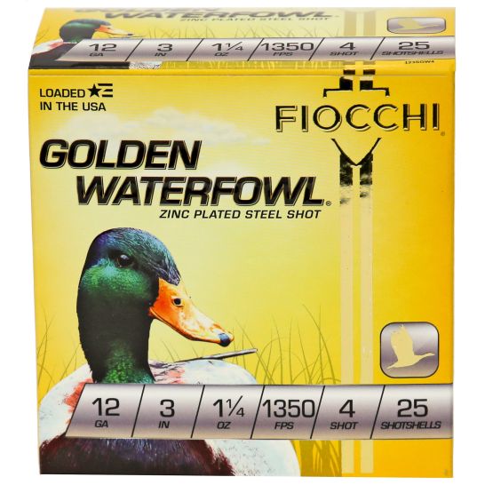 Fiocchi Golden Waterfowl 12 Gauge Ammunition, 25 Rounds Steel Shot #4 ...